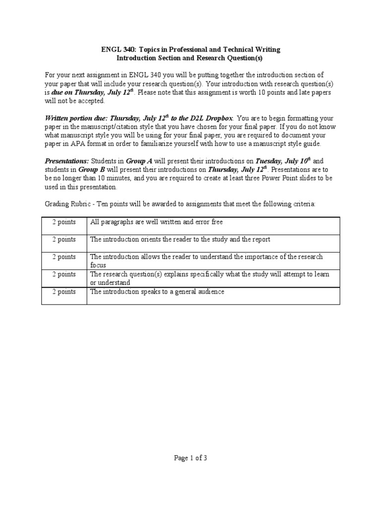 ENGL 340: Topics in Professional and Technical Writing Introduction ...
