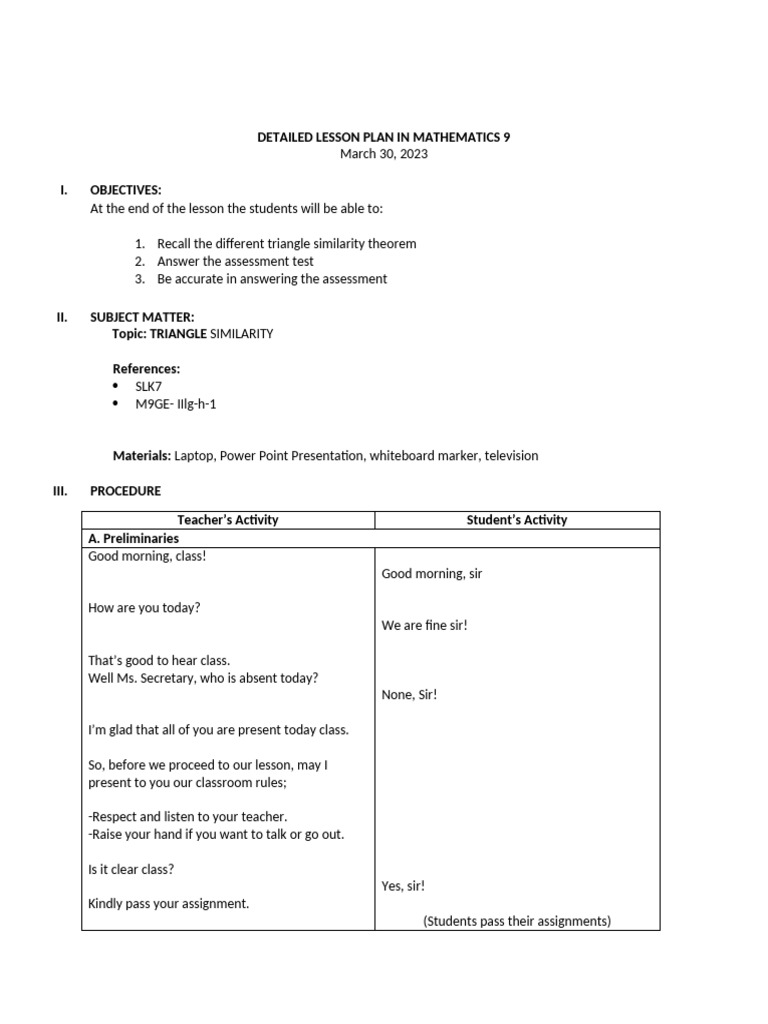Detailed Lesson Plan Week 7 Day 4 | PDF | Triangle | Classical Geometry