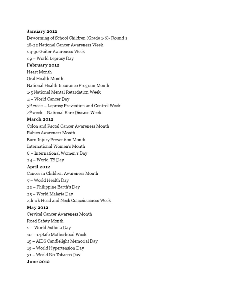 DOH Calendar of Activities | PDF | Cancer | Health Care