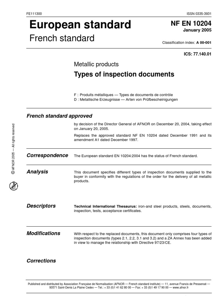 En 10204 English Jan 2005 | Specification (Technical Standard) | Regulatory Compliance