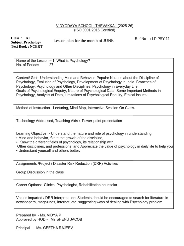 Lesson Plan Class Xi Psychology 2025-26 | PDF | Perception | Psychology