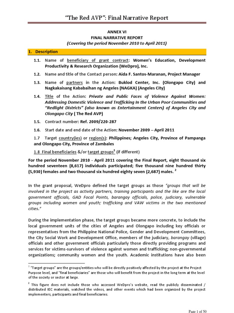 The Red AVP Final Narrative Report - 06.03.11 | PDF | Human Trafficking | Gender