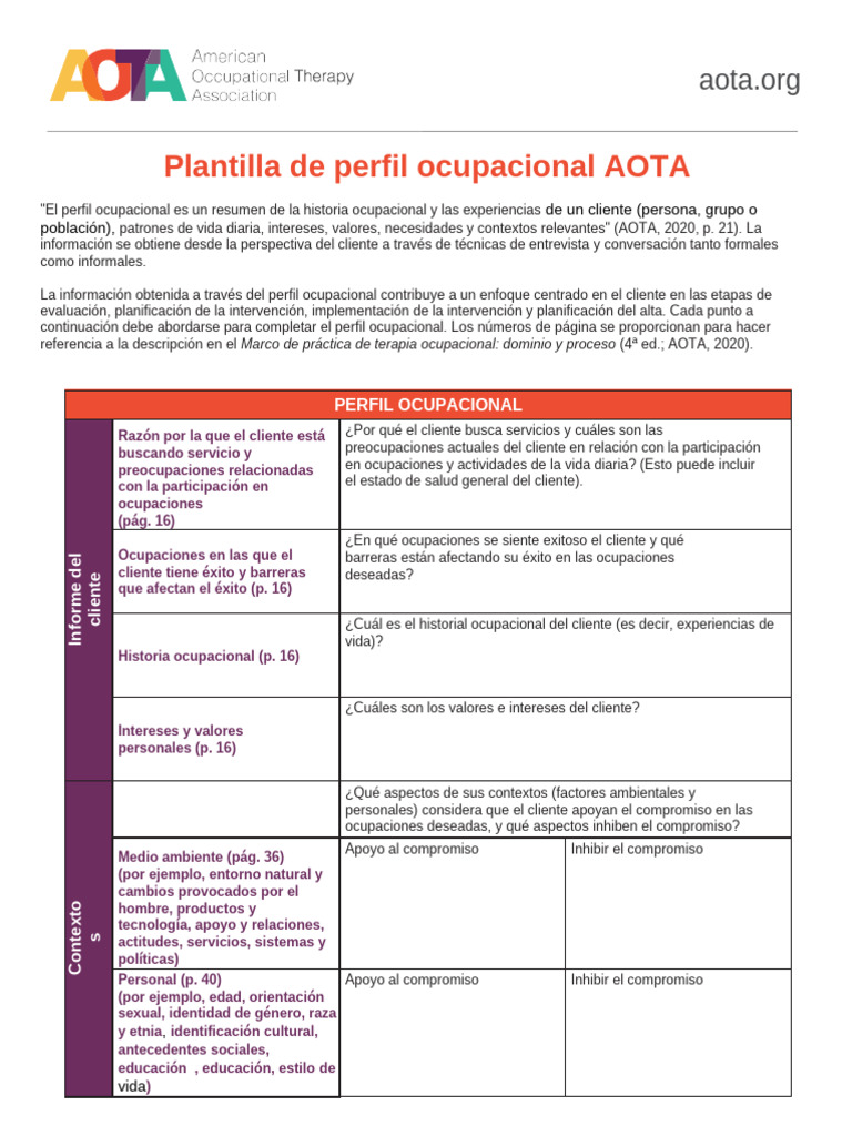 Occupational Profile Spanish Translation | PDF | Terapia ocupacional ...