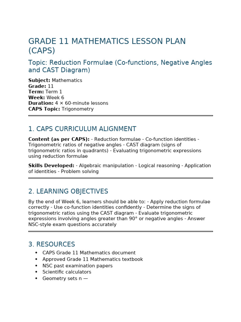 Grade 11 Lesson Plan Term 1 Week 6 - Reduction Formulae | PDF ...