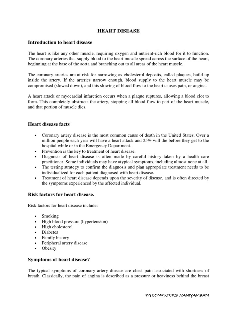 Heart Disease Introduction To Heart Disease: PG Computers, Vaniyambadi ...