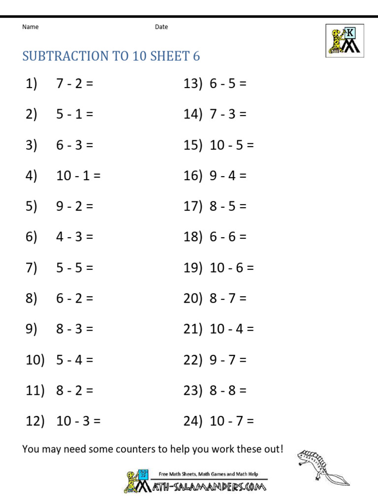 Subtraction To 10 6 | PDF