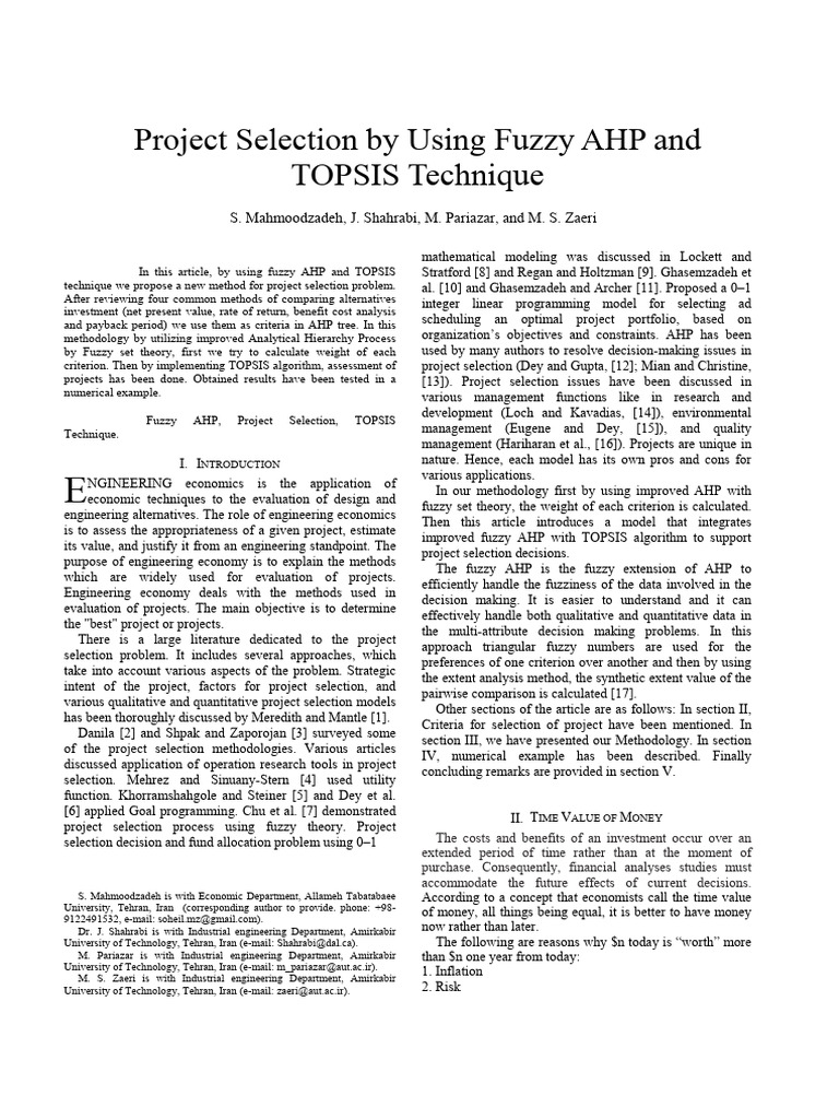 Project Selection by Using Fuzzy AHP and TOPSIS Technique | PDF | Net ...
