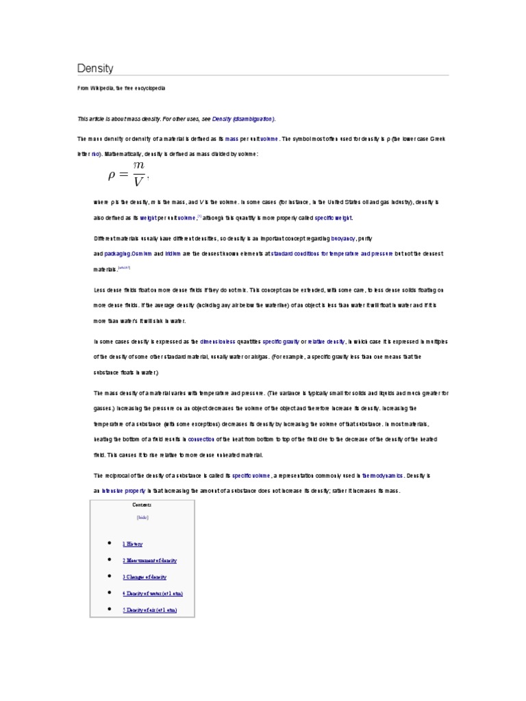 Density: This Article Is About Mass Density. For Other Uses, See | PDF | Density | Litre