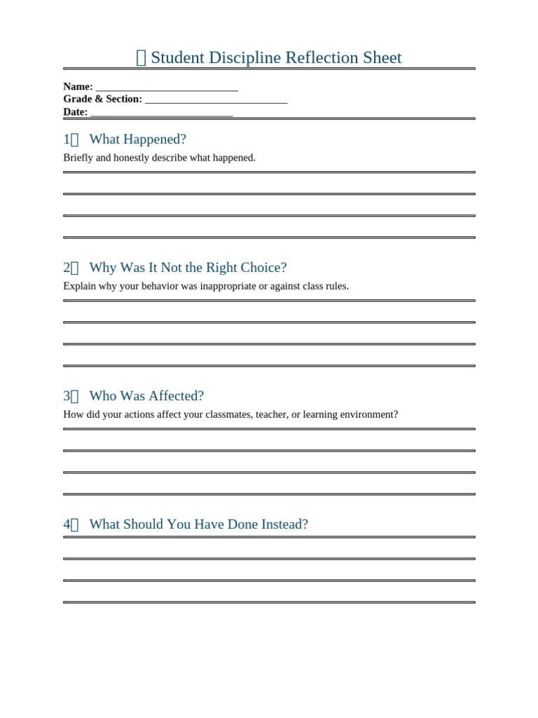 Student Reflection Sheet Minimalist | PDF