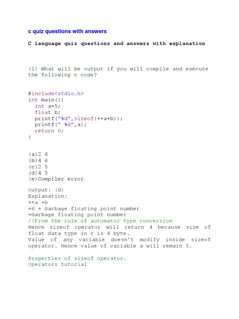 C Quiz Questions With Answers | PDF | C (Programming Language ...