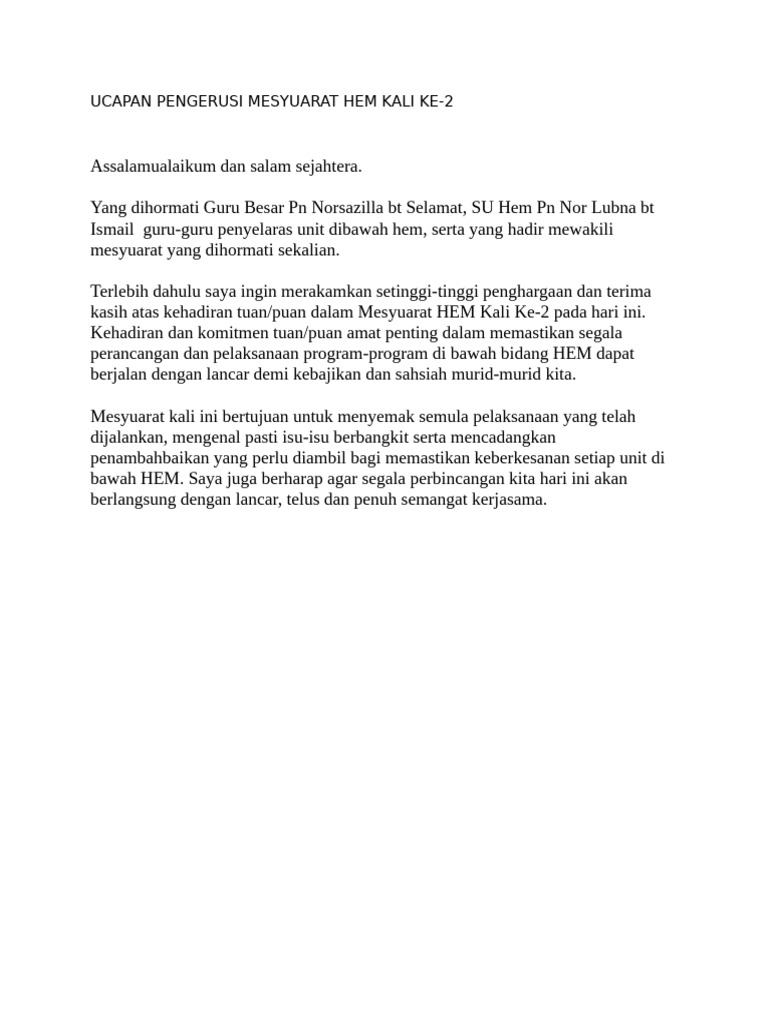 Ucapan Pengerusi Mesyuarat Hem Kali Ke | PDF