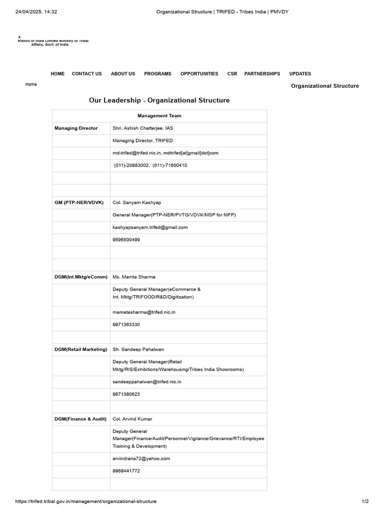 Organizational Structure - TRIFED - Tribes India - PMVDY | PDF