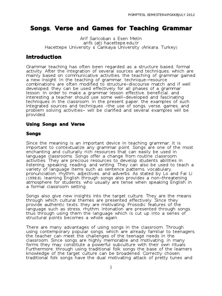 Using Songs to Teach English Grammar | PDF | Poetry | Teachers