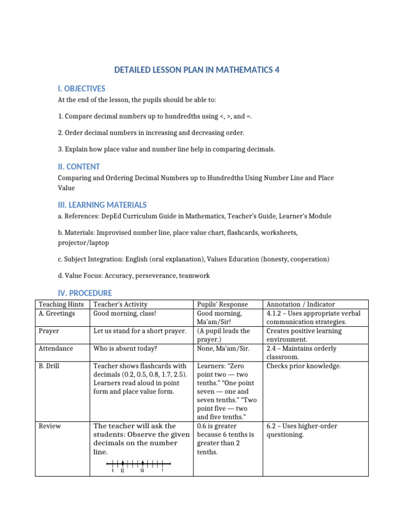 Final Detailed Lesson Plan Math4 Comparing Decimals | PDF