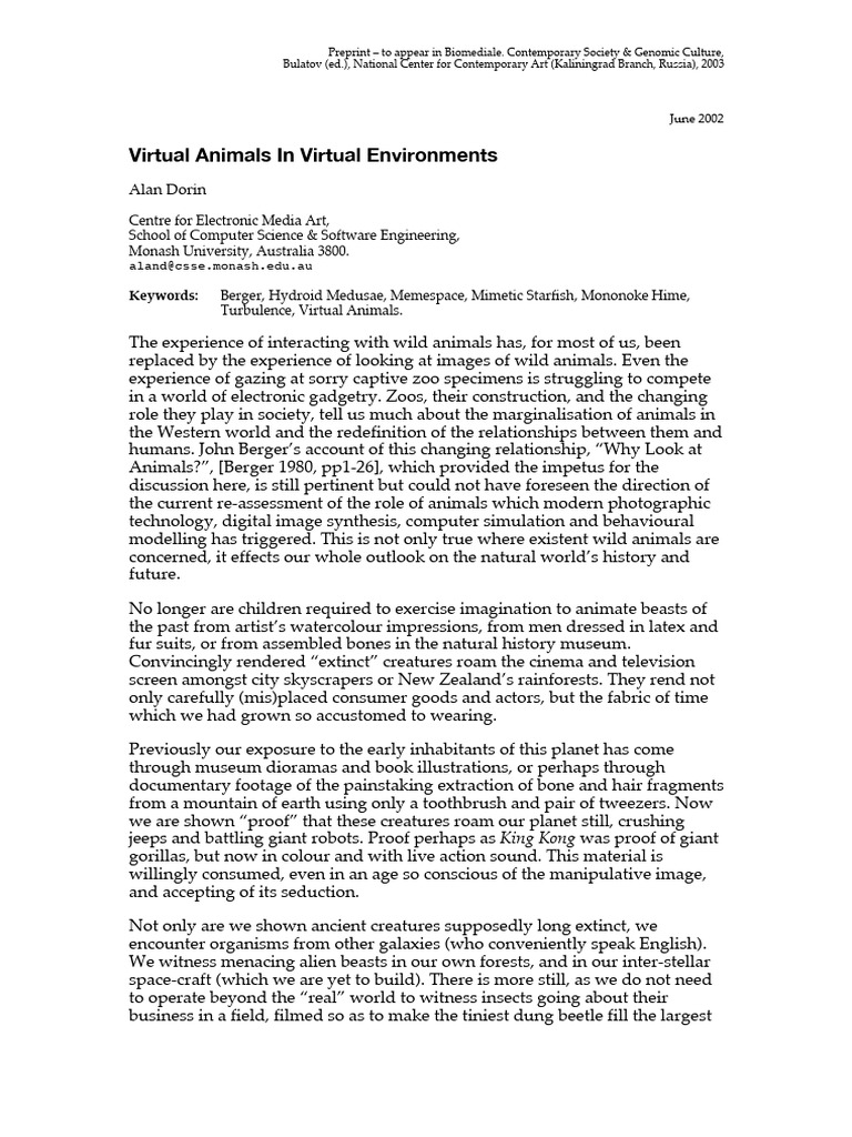 Virtual Animal in Virtual Environment | PDF | Self Awareness | Science