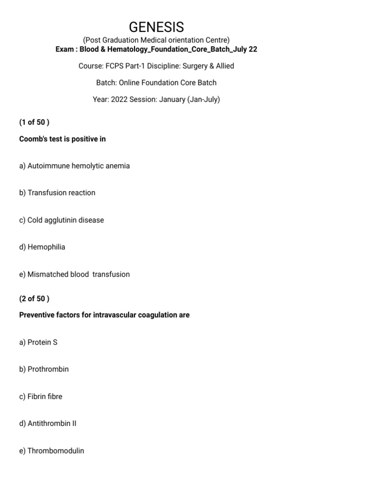 Blood & Hematology Exam | PDF | Anemia | Coagulation