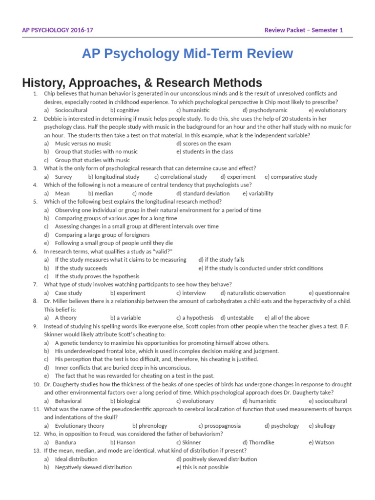 AP Psych Mid Term Review Packet | PDF | Central Nervous System | Brain