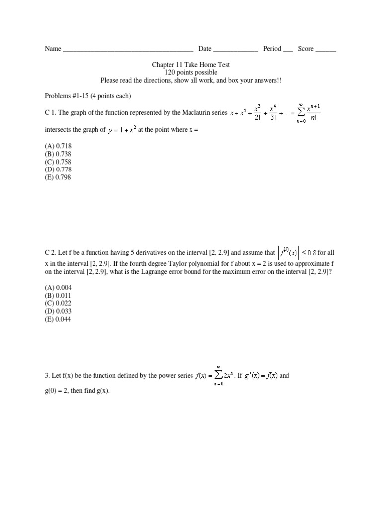 AP Calculus BC Chapter 11 Take Home Test | PDF | Calculus ...