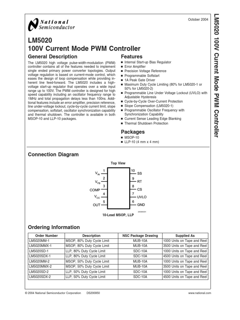 LM5020 100V Current Mode PWM Controller: General Description Features | PDF | Amplifier | Capacitor