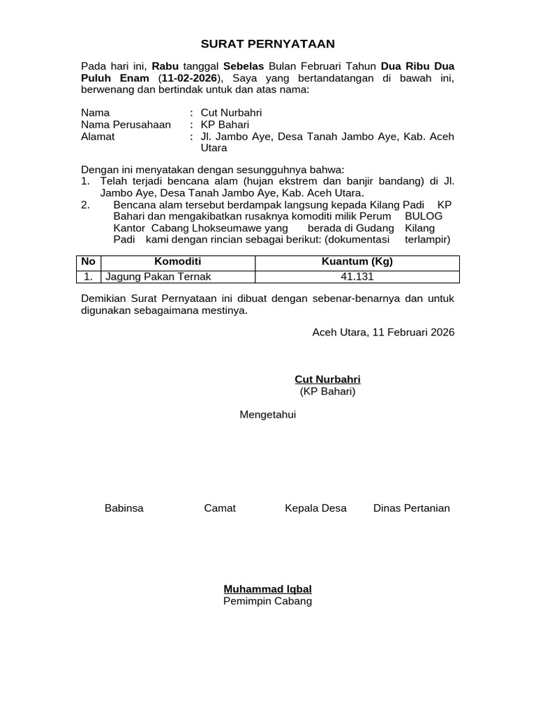 Surat Pernyataan Terdampak Banjir KP Bahari | PDF