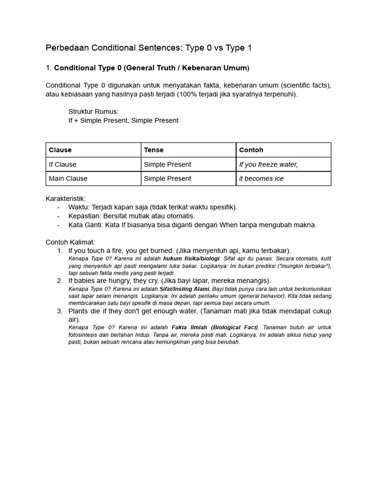 Perbedaan Conditional Sentences- Type 0 vs Type 1 | PDF