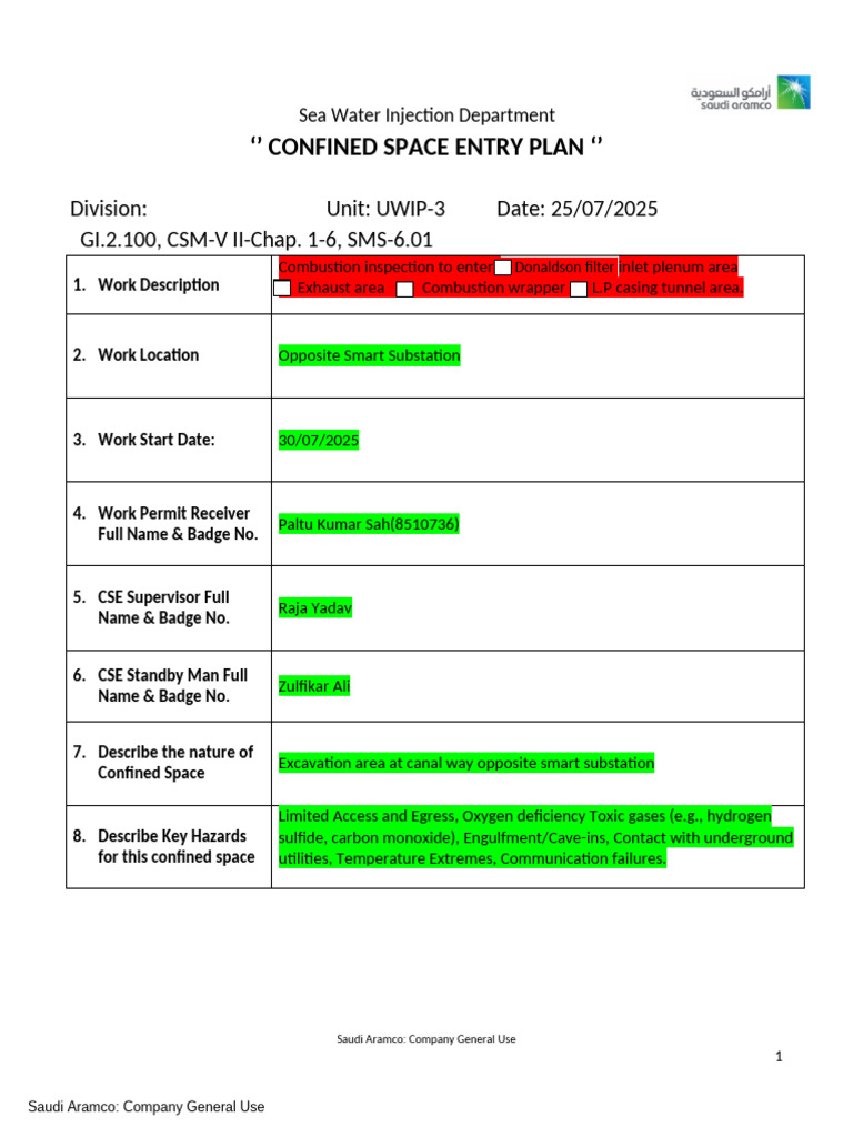 Confind Space Entry Plan 02 (EDIT) | PDF | Safety | Occupational Safety ...
