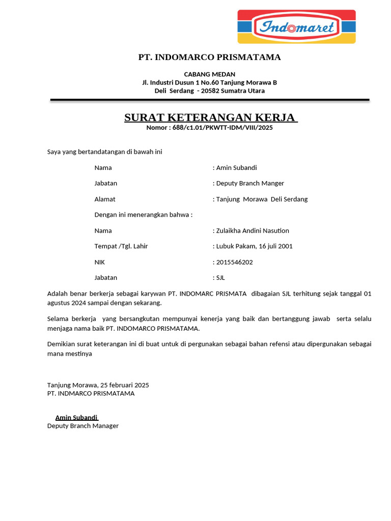 Surat Keterangan Kerja Indomaret | PDF