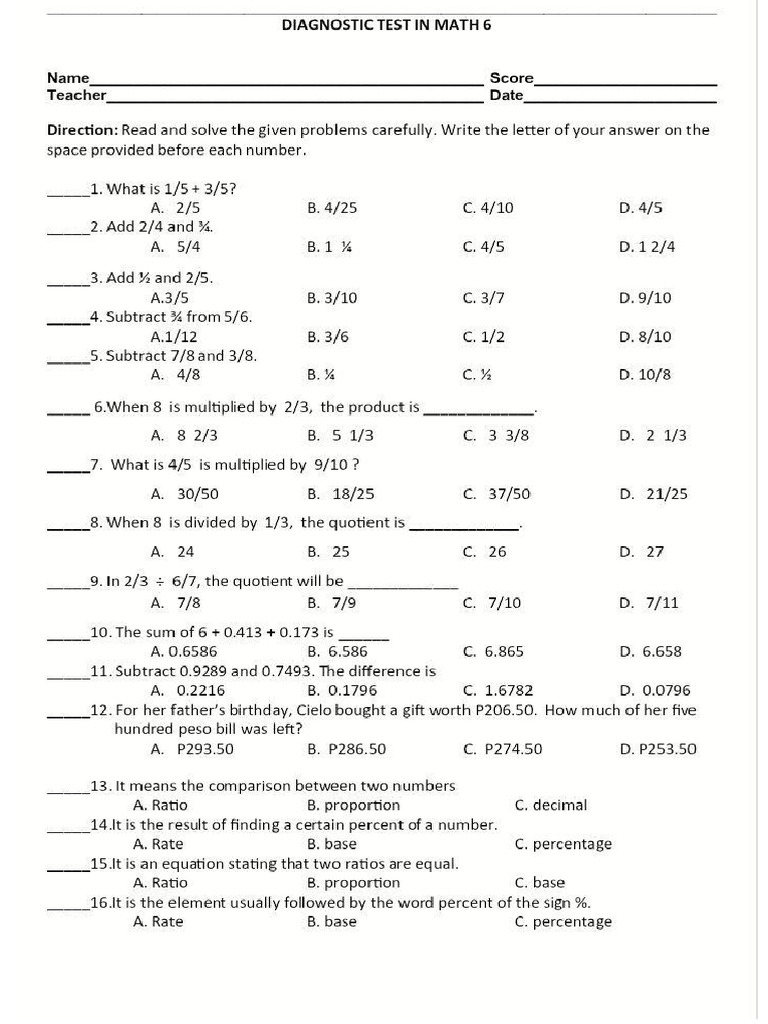 Math Diagnostic Test | PDF