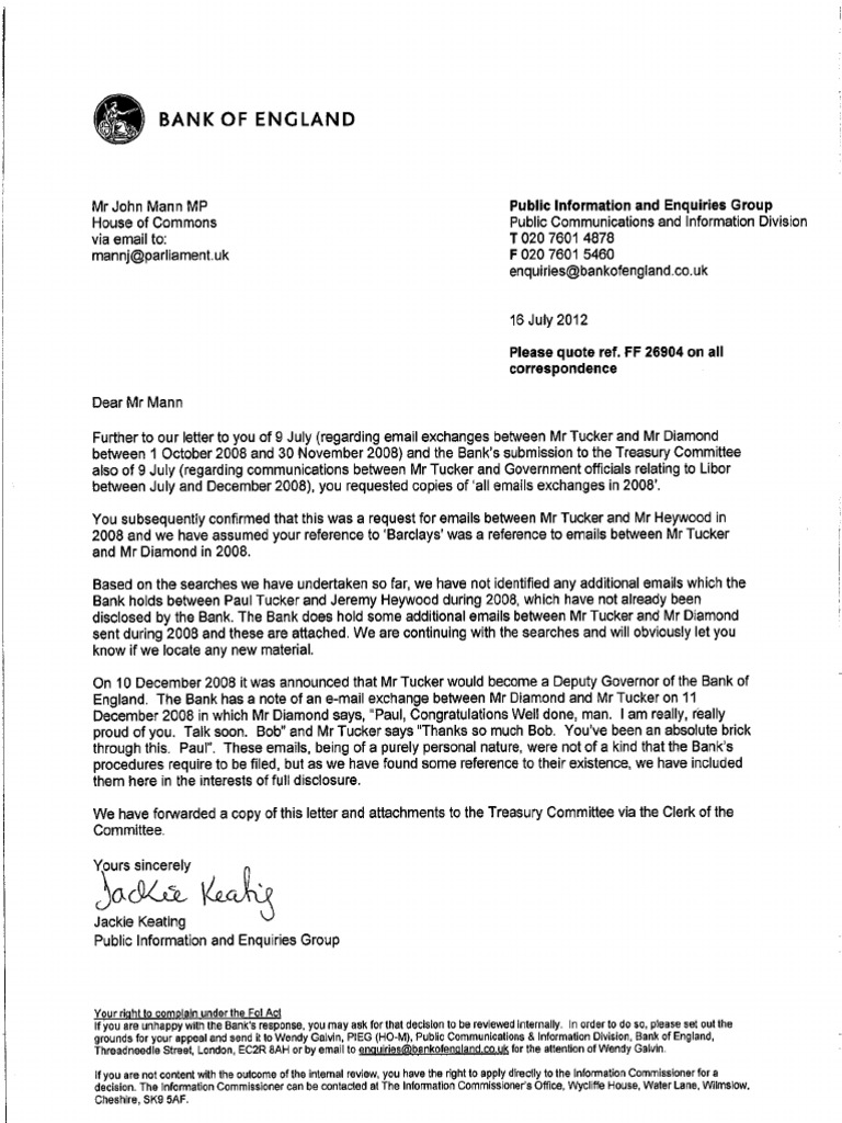 Bank of England Letter | Government | Politics