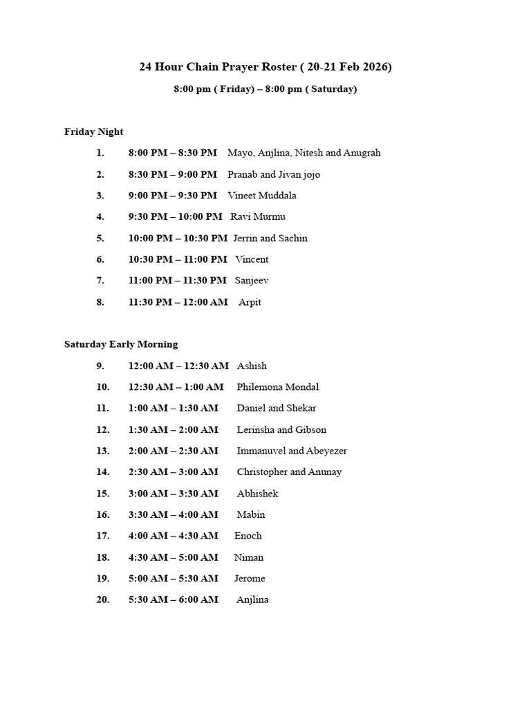 24 Hour Chain Prayer Roster | PDF | Chess Theory | Chess Openings