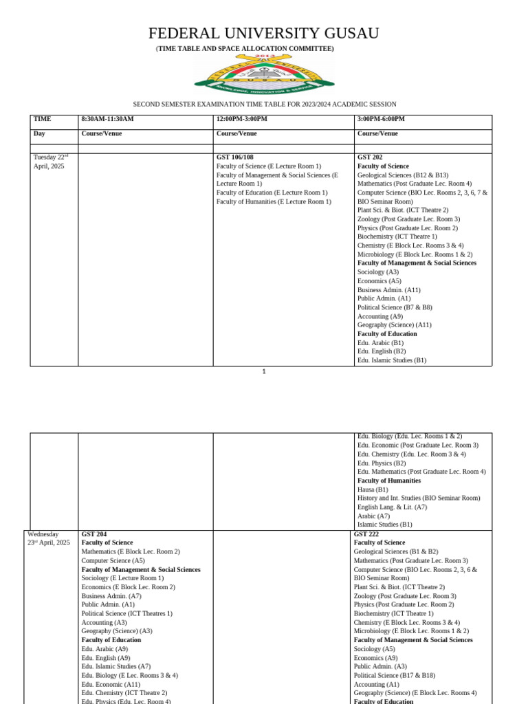 Exam Time Table For Second Semester 2023 2024 - 022102 | PDF | Science
