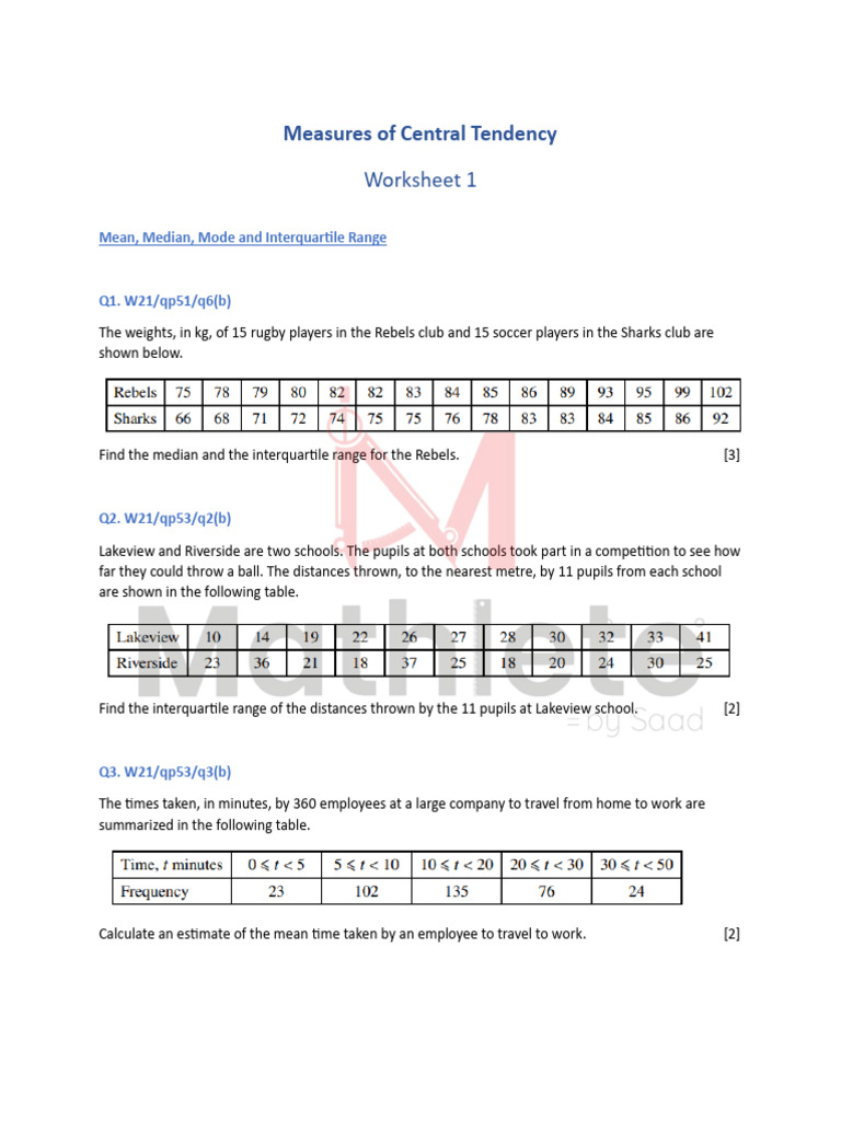 Measures of Central Tendency Worksheet 1 | PDF | Descriptive Statistics ...