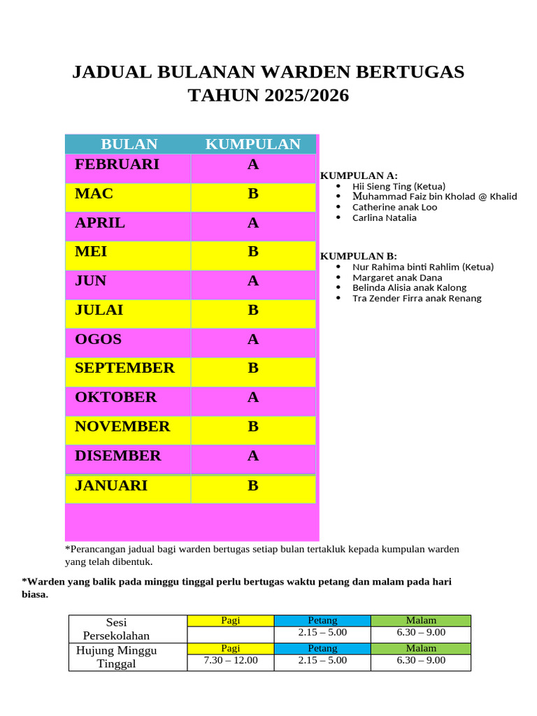 Jadual Dan Takwim Warden 2025 | PDF