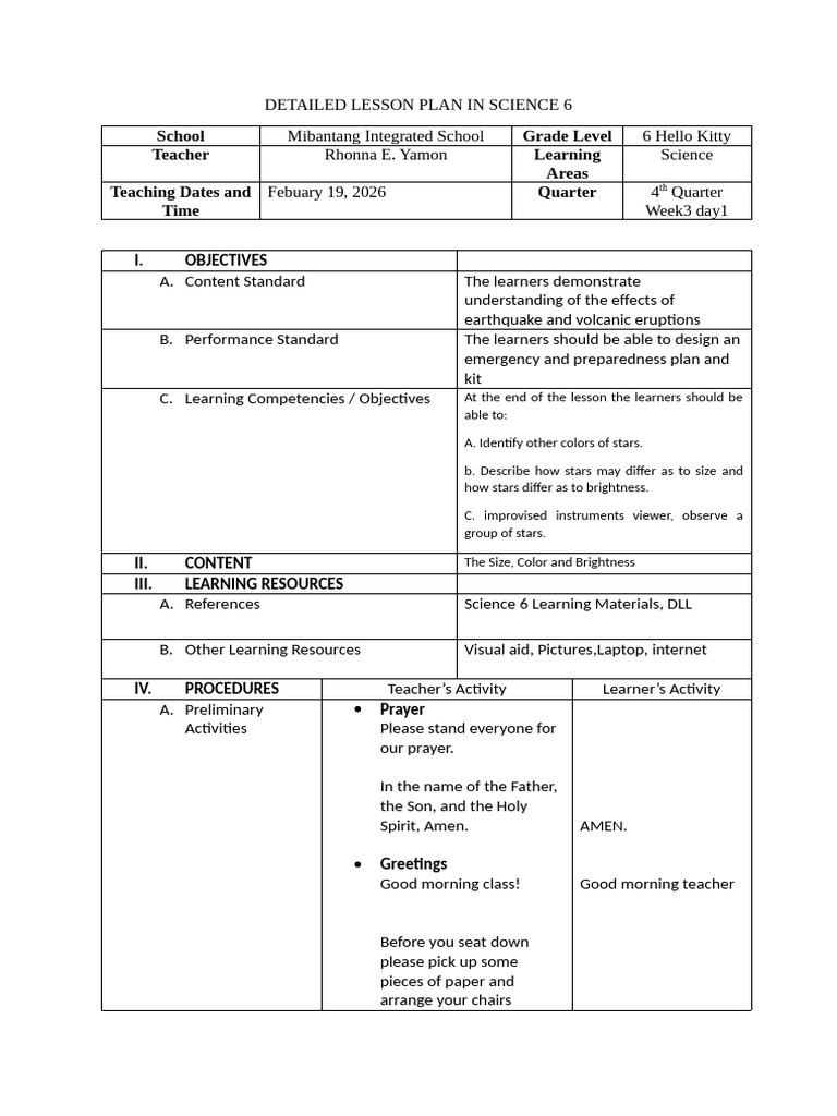 Grade 6 w3d1 Science DLP | PDF | Learning | Classroom