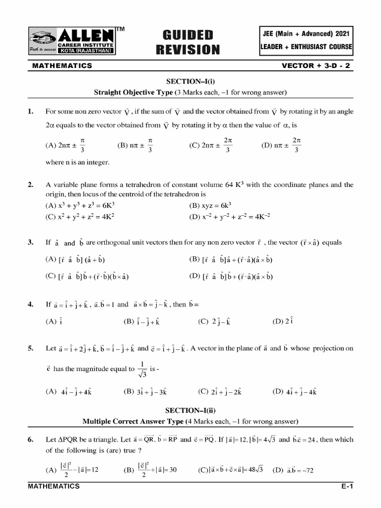 Guided Revision Sheet Vector-3D-2 | PDF