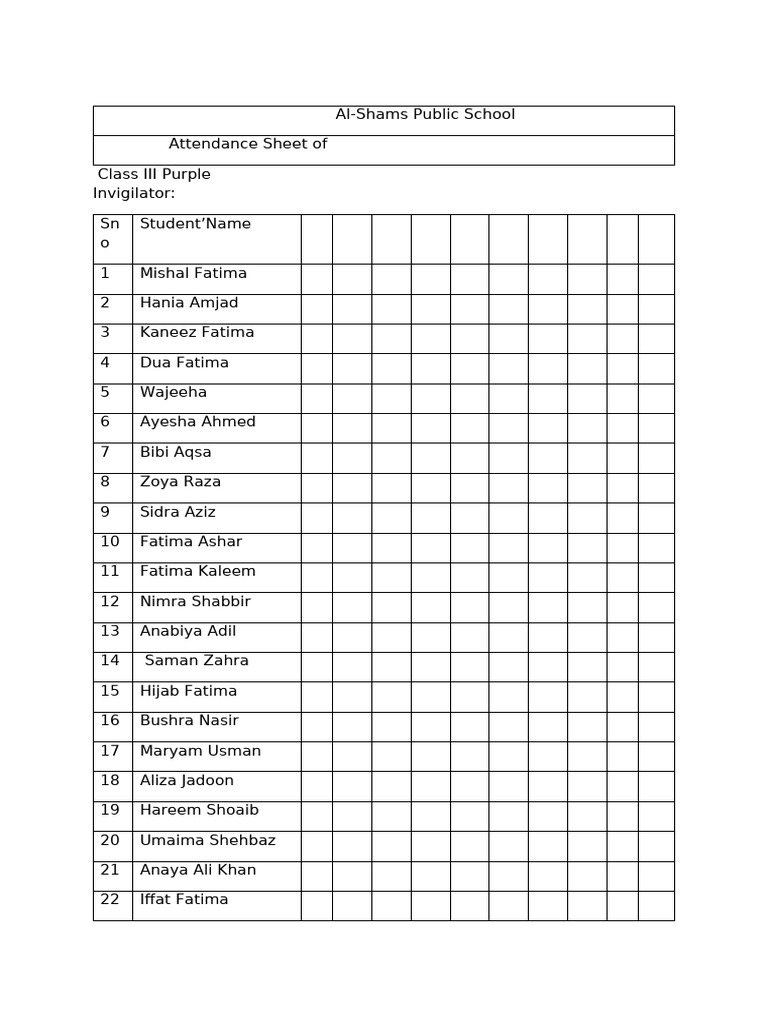 Class III Purple Attendance Sheet | PDF