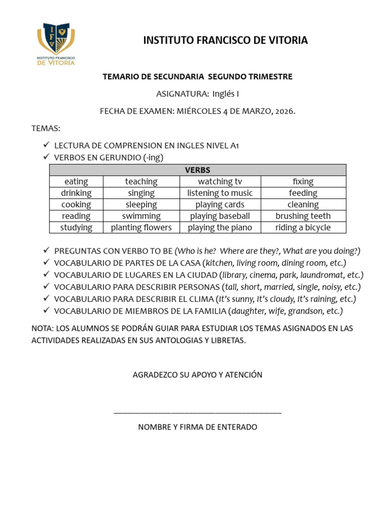 Temario Ingles 1o Secundaria - 2p | PDF