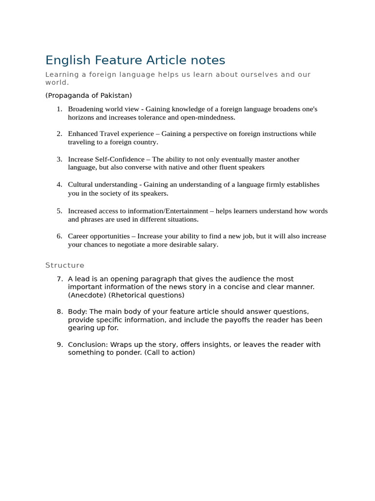 English Feature Article Notes | PDF