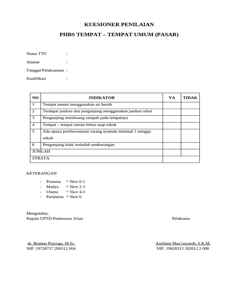 Form Phbs Tempat - Tempat Umum (Pasar) Tanpa TTD Kepala Desa | PDF