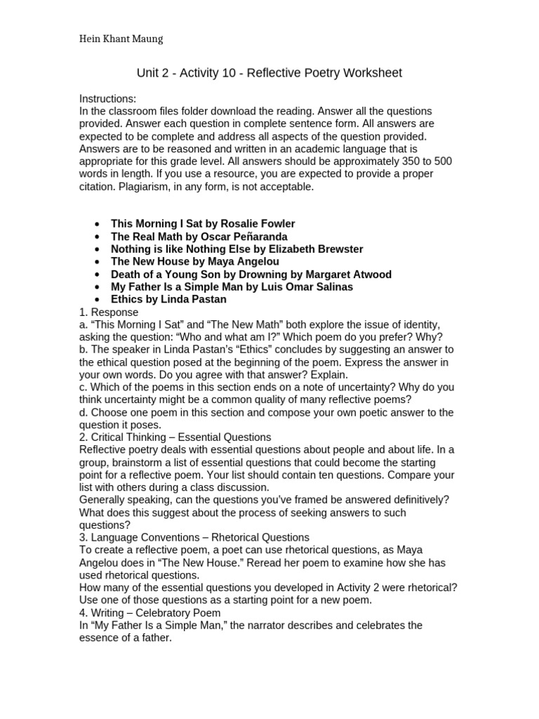 Unit 2 - Activity 10 - Reflective Poetry Worksheet | PDF | Poetry