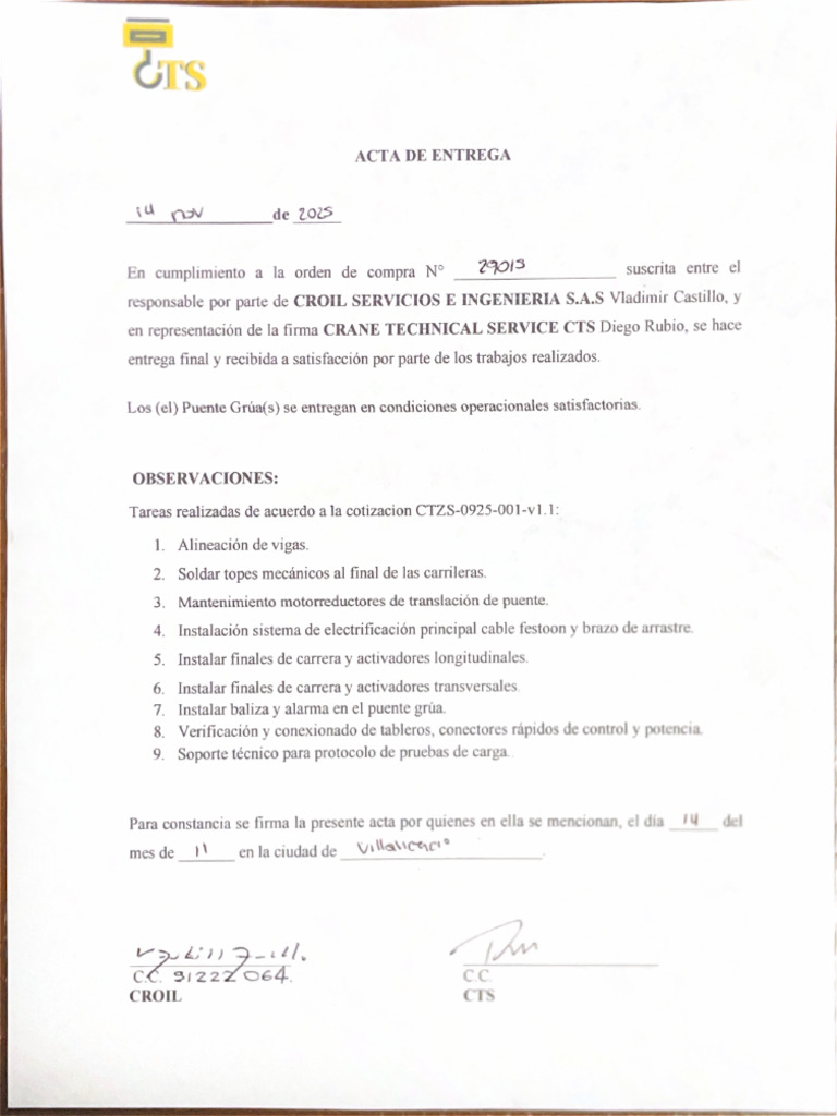 Acta de Entrega - Criol 141125 | PDF