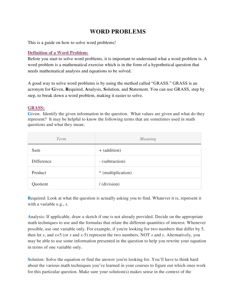 Word Problems: Definition of a Word Problem | Variable (Mathematics ...