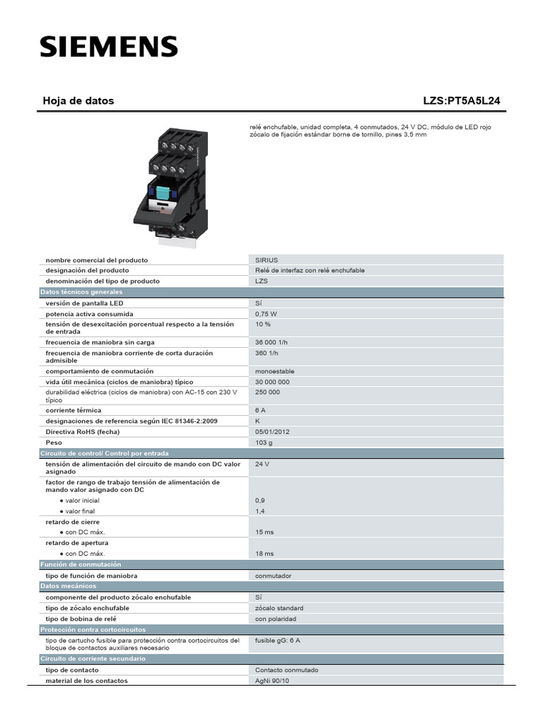 LZS PT5A5L24 Datasheet Es | PDF | Relé | Corriente eléctrica