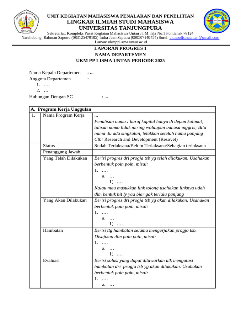 Format Laporan Progres 1 Departemen | PDF