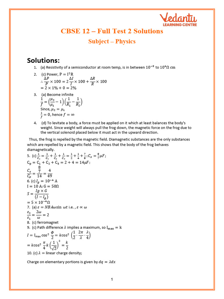 CBSE 12 - Full Test 2 - Physics Solutions | PDF | Waves ...