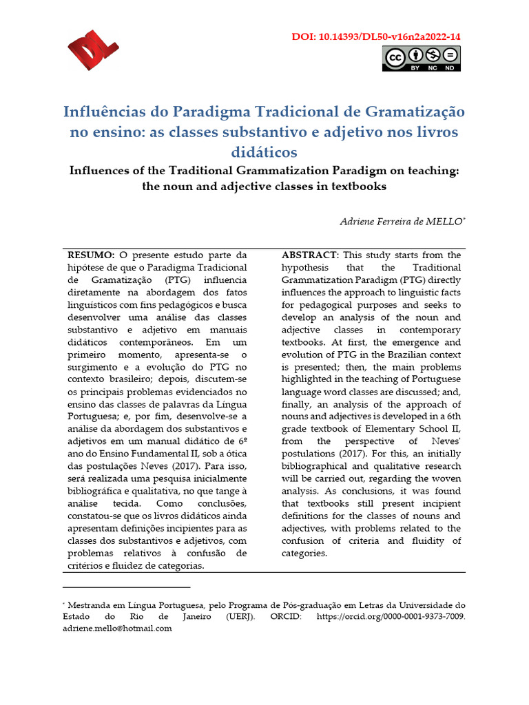Influências Do Paradigma Tradicional de Gramaticação No Ensino | PDF ...