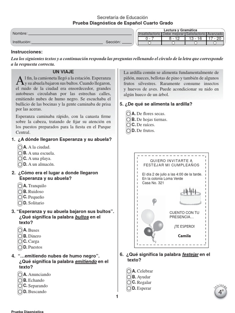 Prueba Diagnóstica de Español 4º Grado | PDF