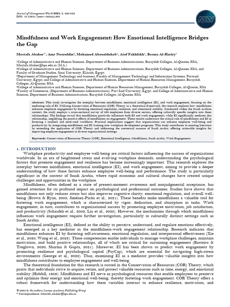 Mindfulness and Work Engagement How Emot | PDF | Emotional Intelligence ...