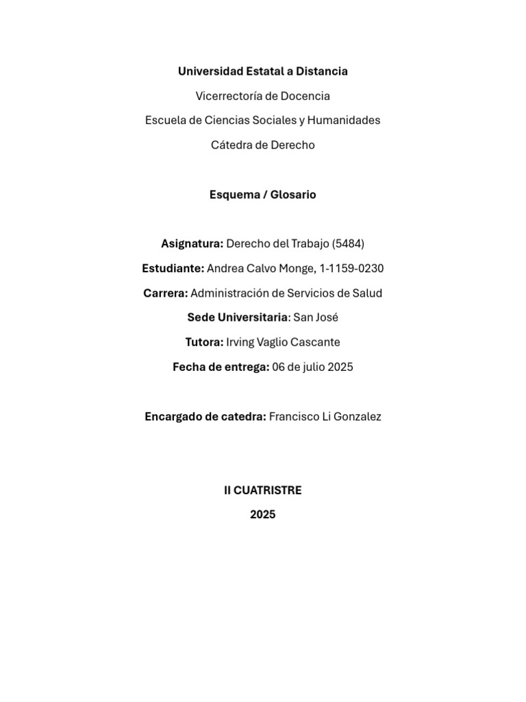 Calvo Monge Andrea. Esquema y Glosario | PDF | Derecho laboral | Sindicato