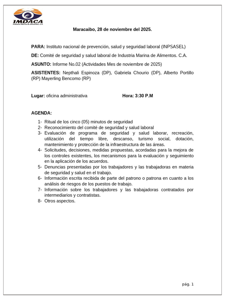Acta de Reunion Comite de SSSL Noviembre IMDACA | PDF | Seguridad y ...